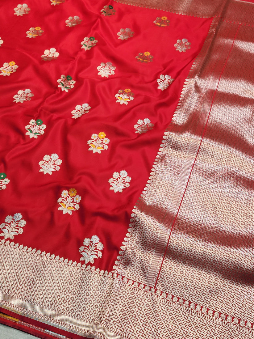 Red Mashru Silk Banarasi Saree With Alfi Boota Pattern – Kala Kashi